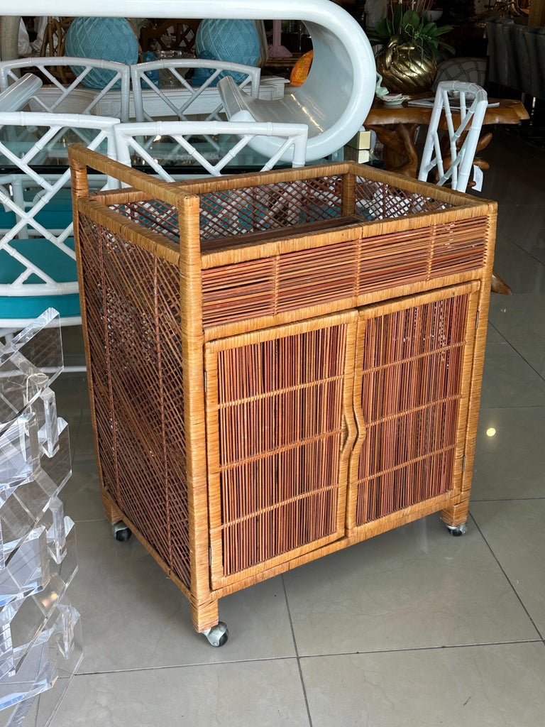 Vintage Palm Beach Wrapped Wicker Reed Rattan Bar Cart with Shelves and ...