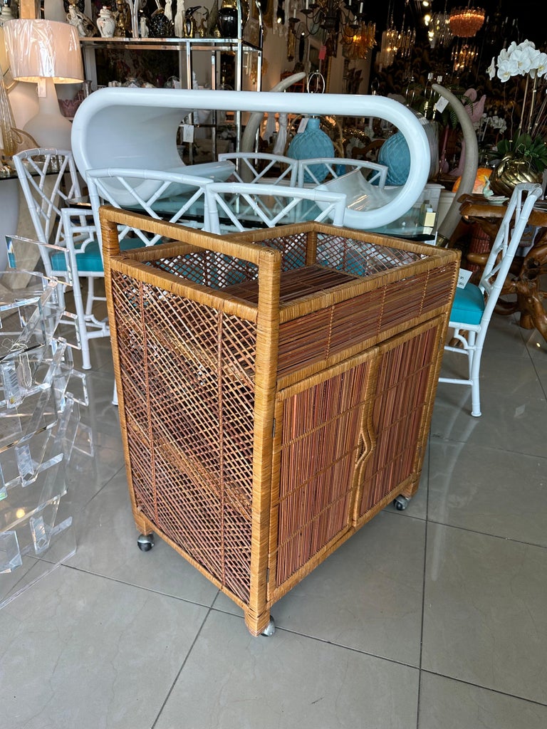 Vintage Palm Beach Wrapped Wicker Reed Rattan Bar Cart with Shelves and ...