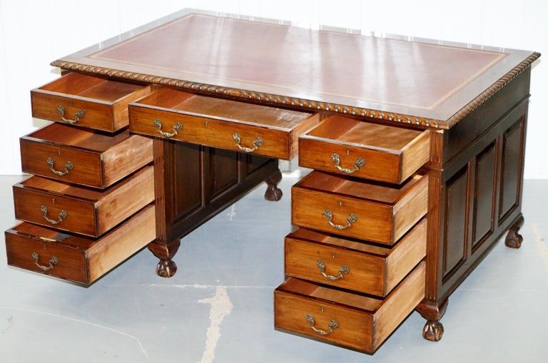 Vintage Panelled Mahogany Twin Pedestal Partner Desk Claw and Ball Legs ...