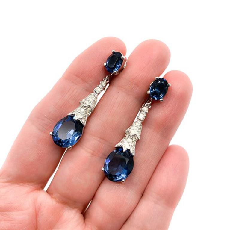 Vintage Panetta Art Deco Style Earrings Faux Sapphire and Diamond Drops ...