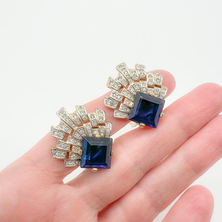Vintage Panetta Sapphire Glass Fan Earrings 1960s For Sale at 1stDibs