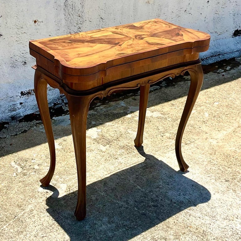 Vintage Patchwork Burl Wood Flip Top Card Table For Sale at 1stDibs