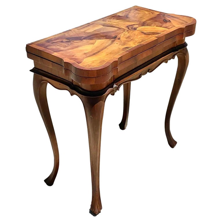 Vintage Patchwork Burl Wood Flip Top Card Table For Sale at 1stDibs