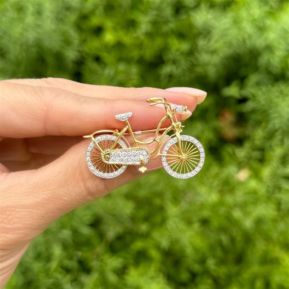 Vintage Pave RBC Diamond Articulating Bicycle Gold Statement Brooch Pin ...