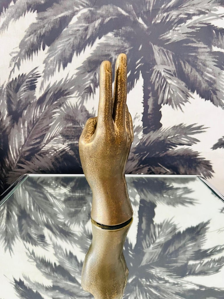 Vintage Peace Sign Hand Sculpture in Patinated Brass, c. 1970's at 1stDibs