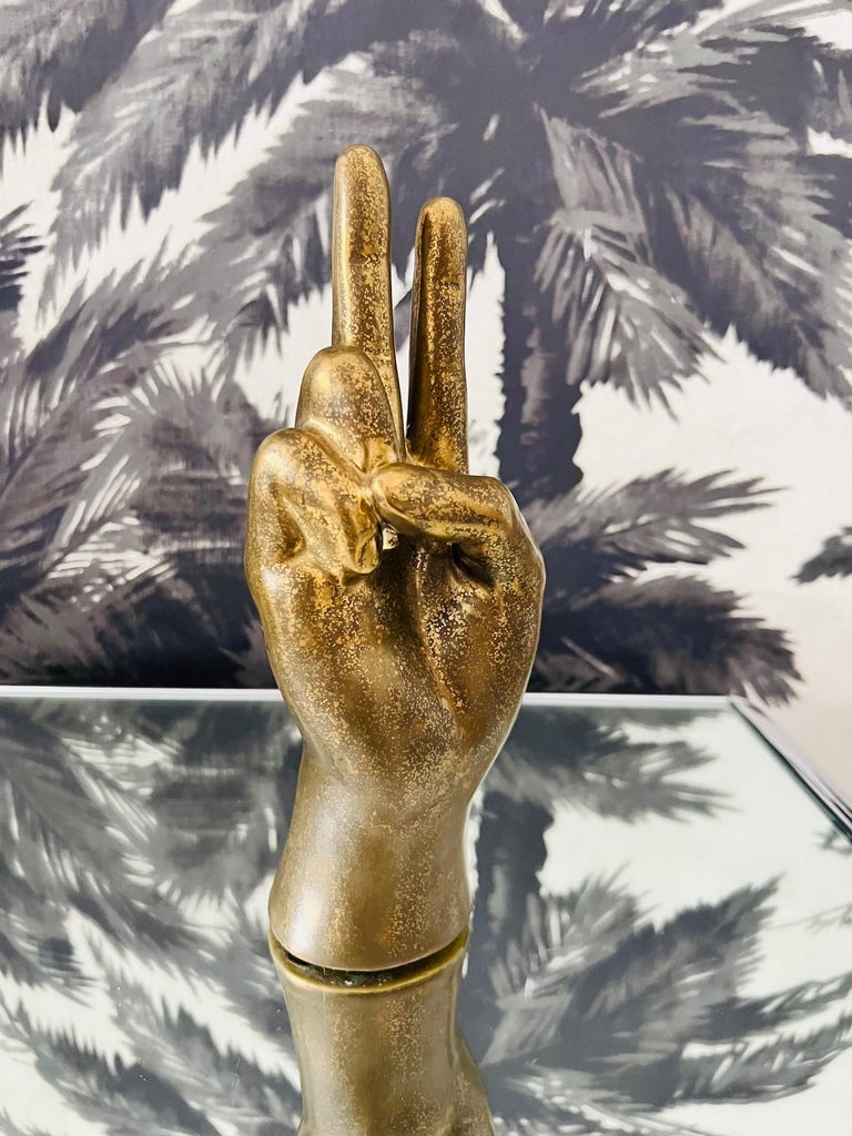 Vintage Peace Sign Hand Sculpture in Patinated Brass, c. 1970's at 1stDibs