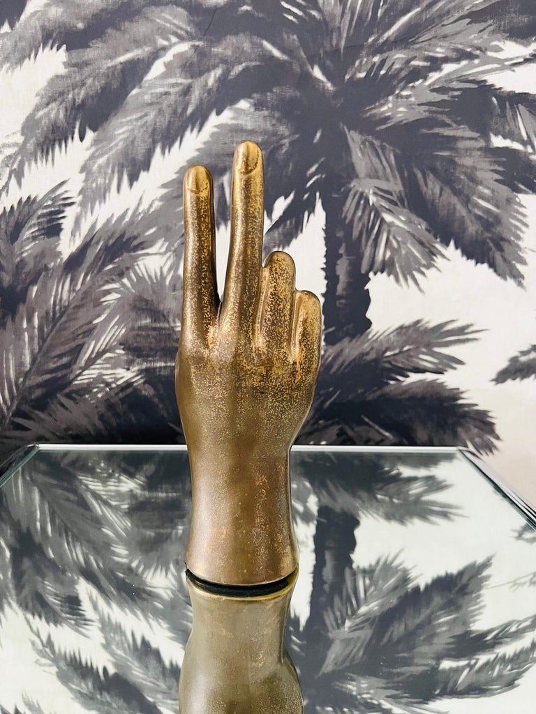 Vintage Peace Sign Hand Sculpture in Patinated Brass, c. 1970's at 1stDibs