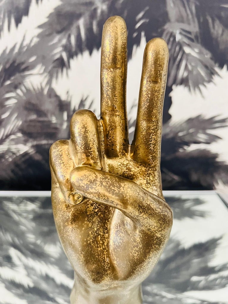Vintage Peace Sign Hand Sculpture in Patinated Brass, c. 1970's at 1stDibs