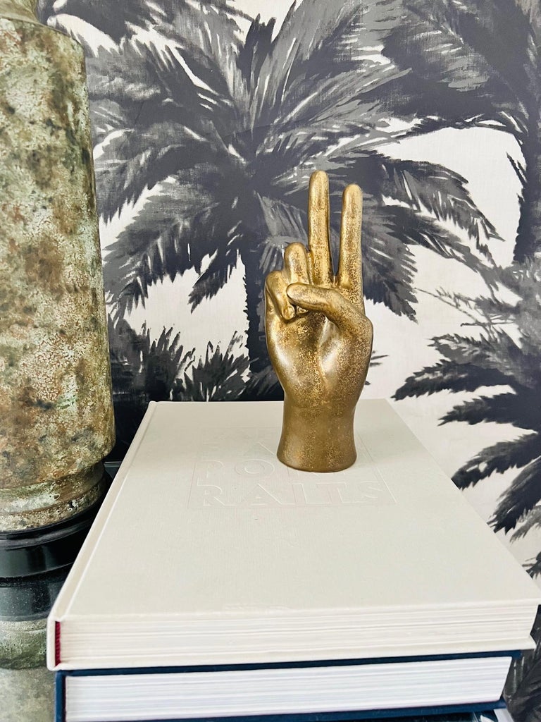 Vintage Peace Sign Hand Sculpture in Patinated Brass, c. 1970's at 1stDibs