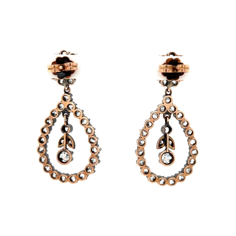 Vintage Pear Shape Design Diamond 925 on Gold Antique Drop Earrings For ...