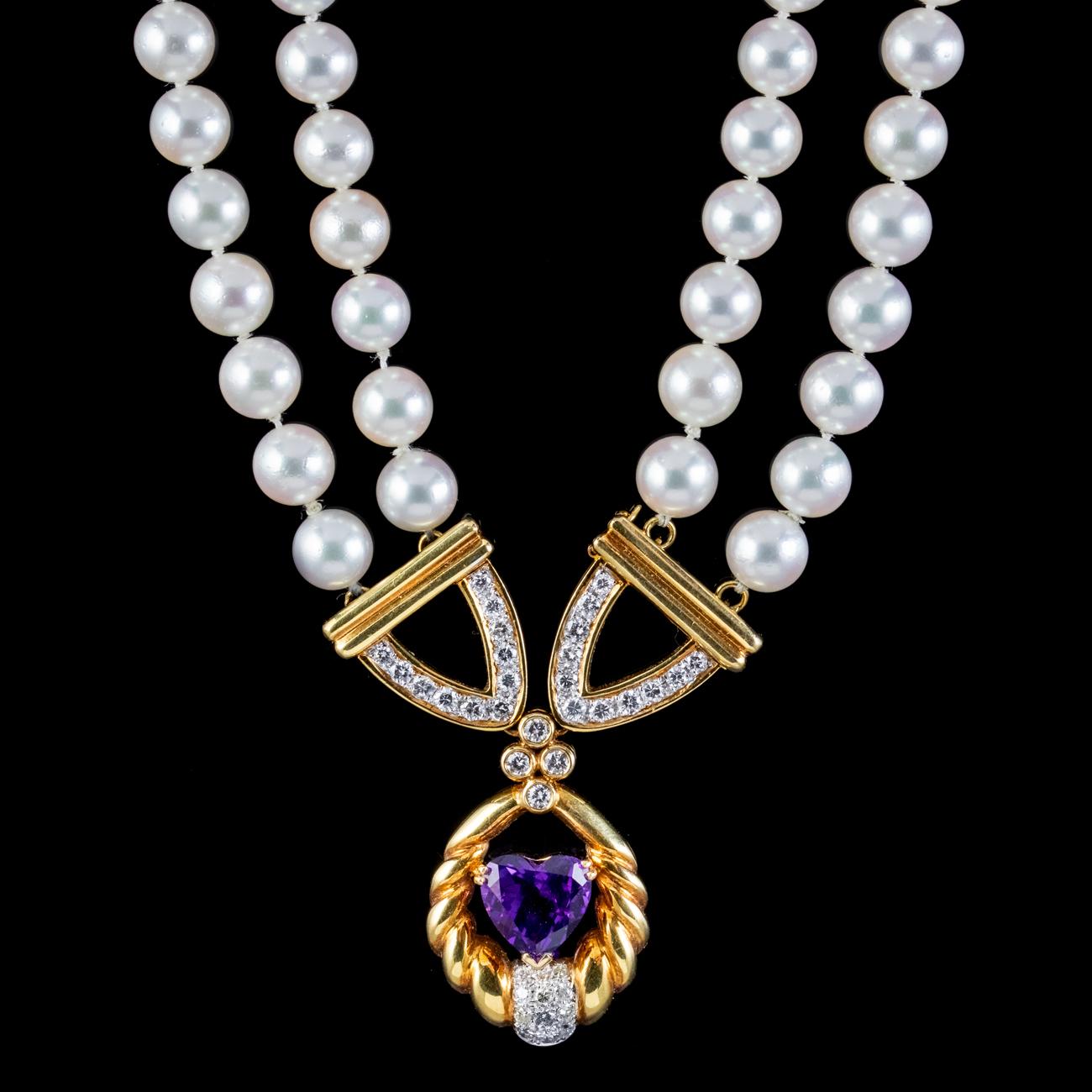 Vintage Pearl Diamond Lavaliere Necklace Amethyst Heart Circa 1960 For ...
