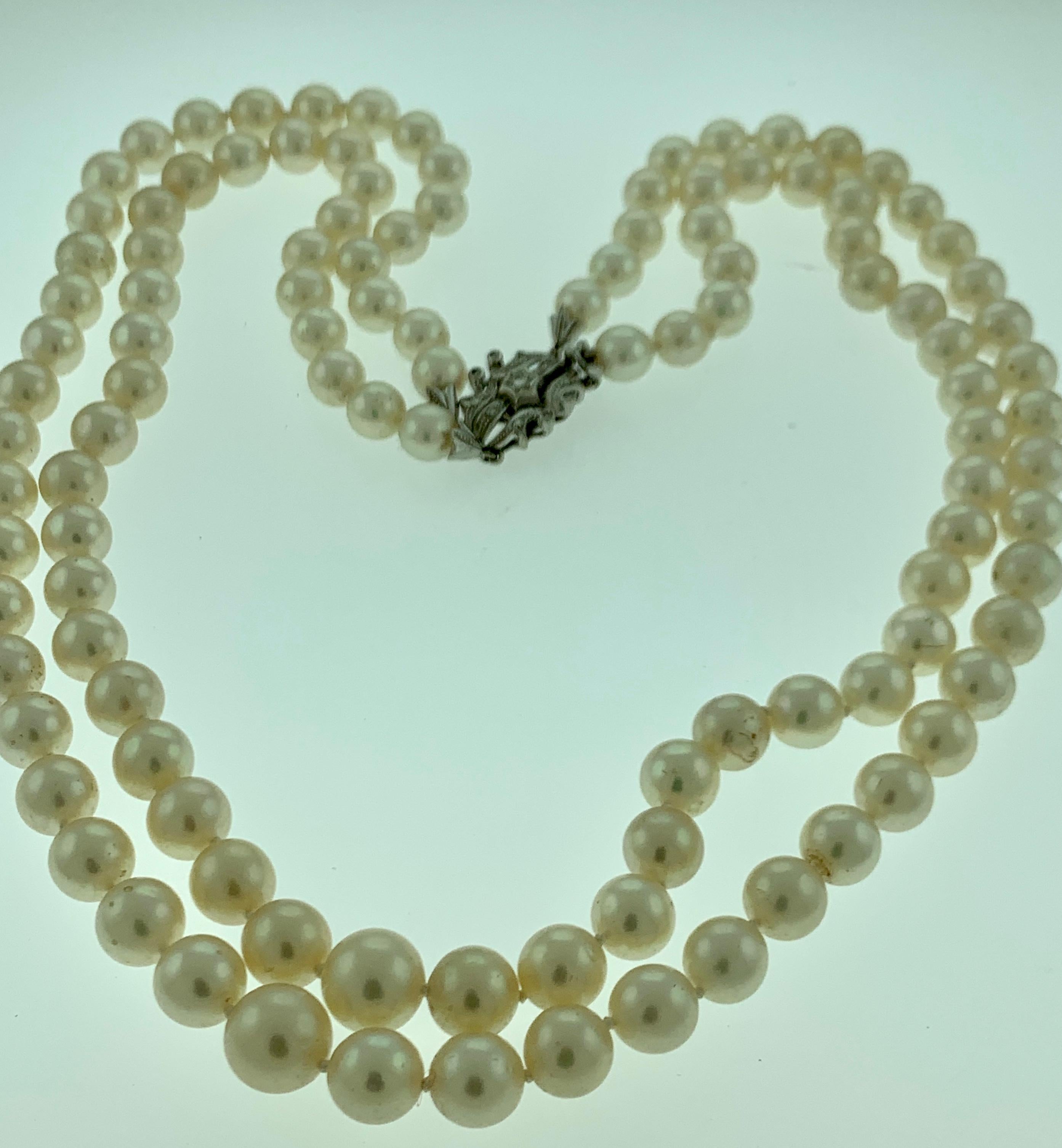 Vintage Pearl Double Strand Necklace with Diamond and Gold Clasp at ...