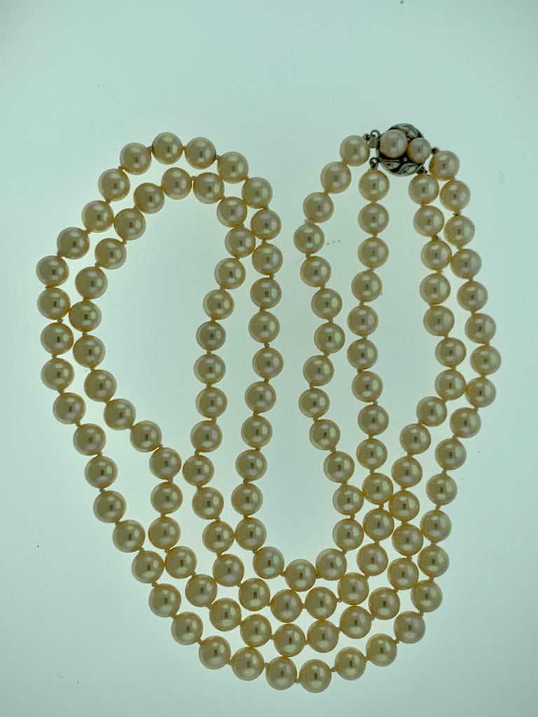 Vintage Pearl Double Strand Necklace with Pearl and Sterling Silver ...