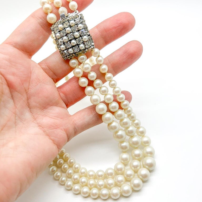 Vintage Pearl Triple Row Necklace with Feature Clasp 1960s For Sale at ...
