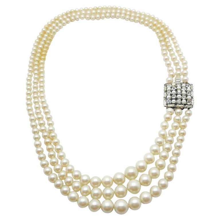 Vintage Pearl Triple Row Necklace with Feature Clasp 1960s For Sale at ...