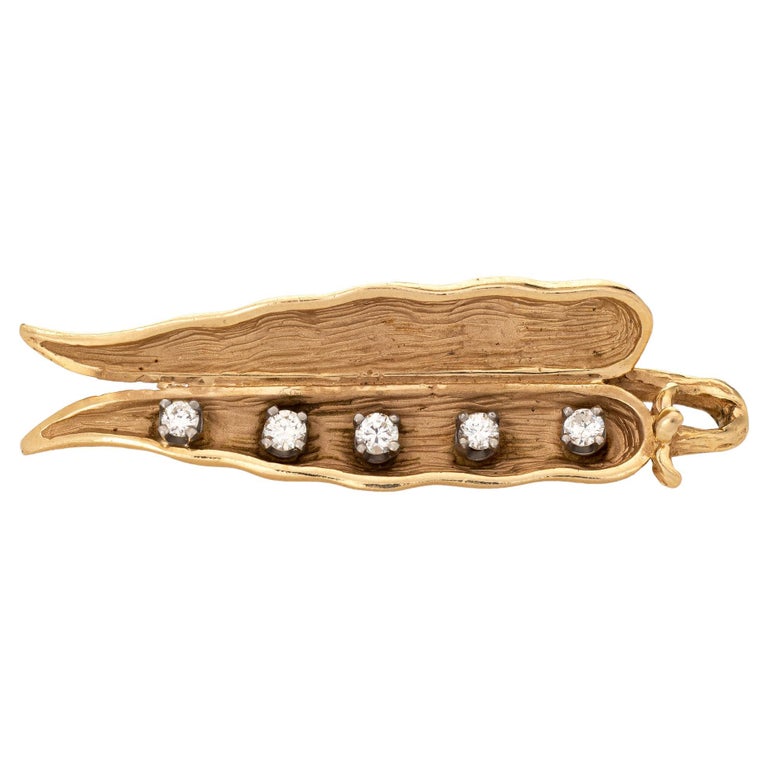 Vintage Peas in a Pod Pendant 14k Yellow Gold 5 Diamond Brooch Charm ...