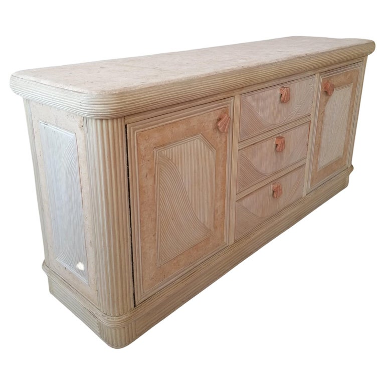Vintage Pencil Reed / Cane Sideboard with Pink Scalloped Marble Handles ...
