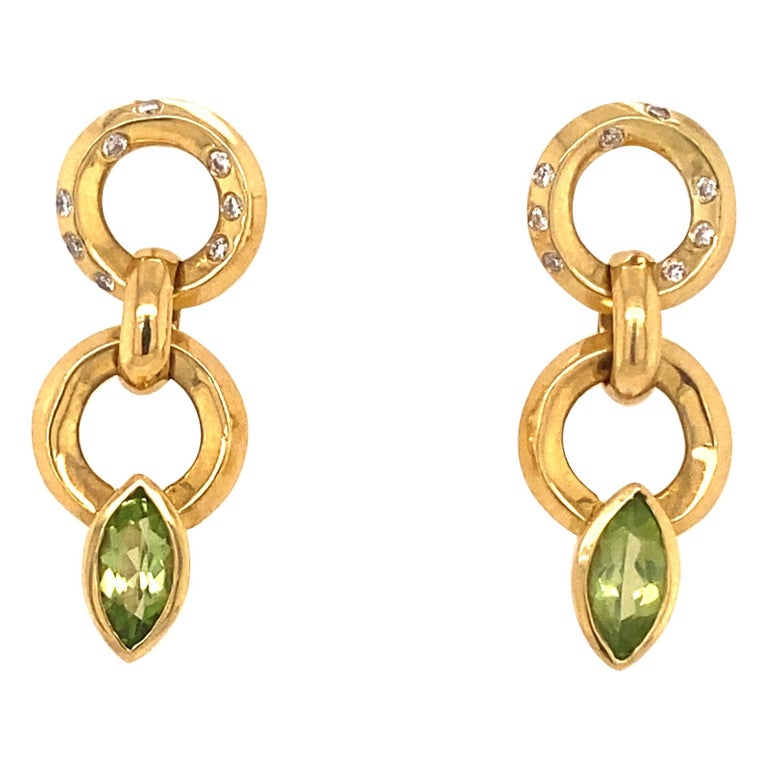 Vintage Peridot Diamonds Loop Design 18K Gold Dangle Earrings For Sale ...