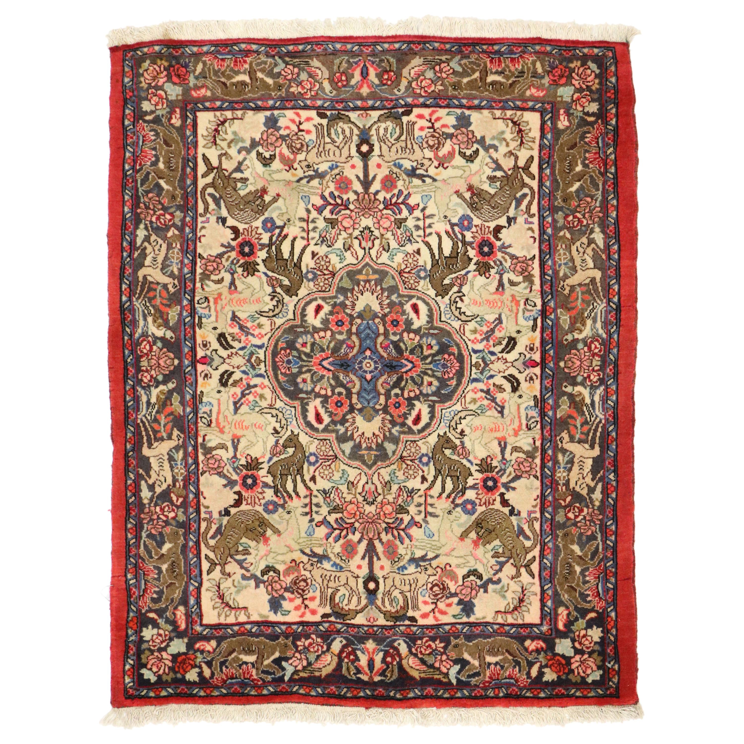 Vintage Persian Bijar Scatter Rug with Animals and Hunting Scene at 1stDibs