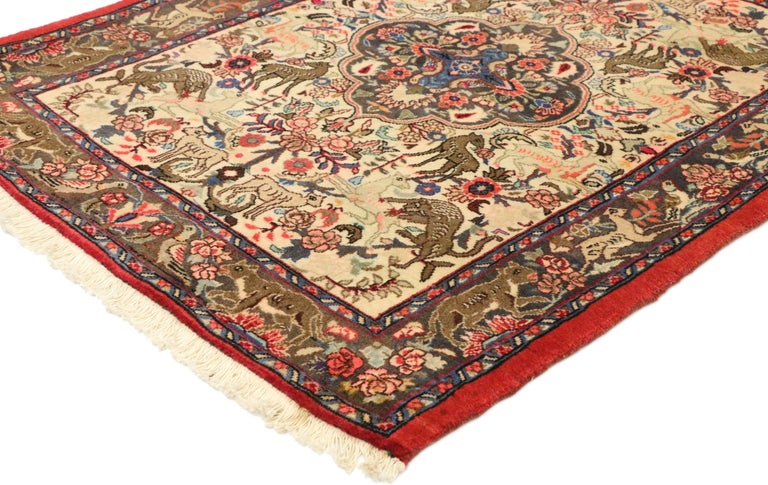 Vintage Persian Bijar Scatter Rug with Animals and Hunting Scene at 1stDibs