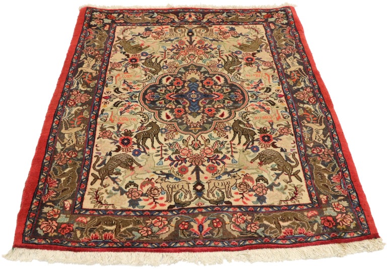 Vintage Persian Bijar Scatter Rug with Animals and Hunting Scene at 1stDibs