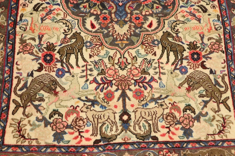 Vintage Persian Bijar Scatter Rug with Animals and Hunting Scene at 1stDibs