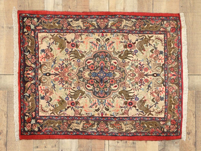 Vintage Persian Bijar Scatter Rug with Animals and Hunting Scene at 1stDibs