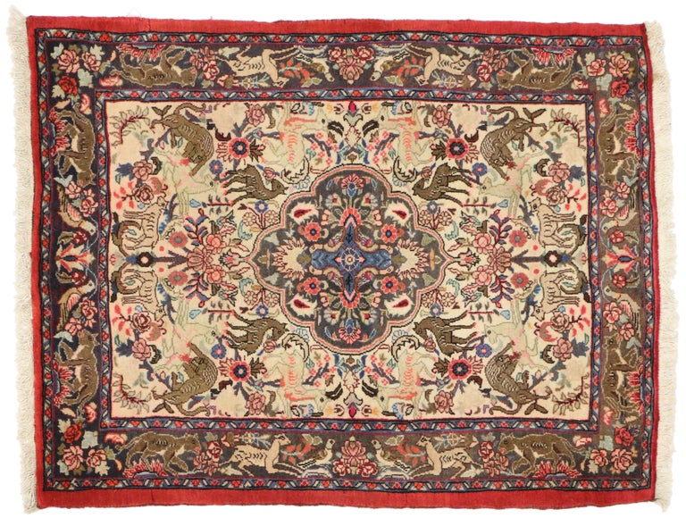 Vintage Persian Bijar Scatter Rug with Animals and Hunting Scene at 1stDibs