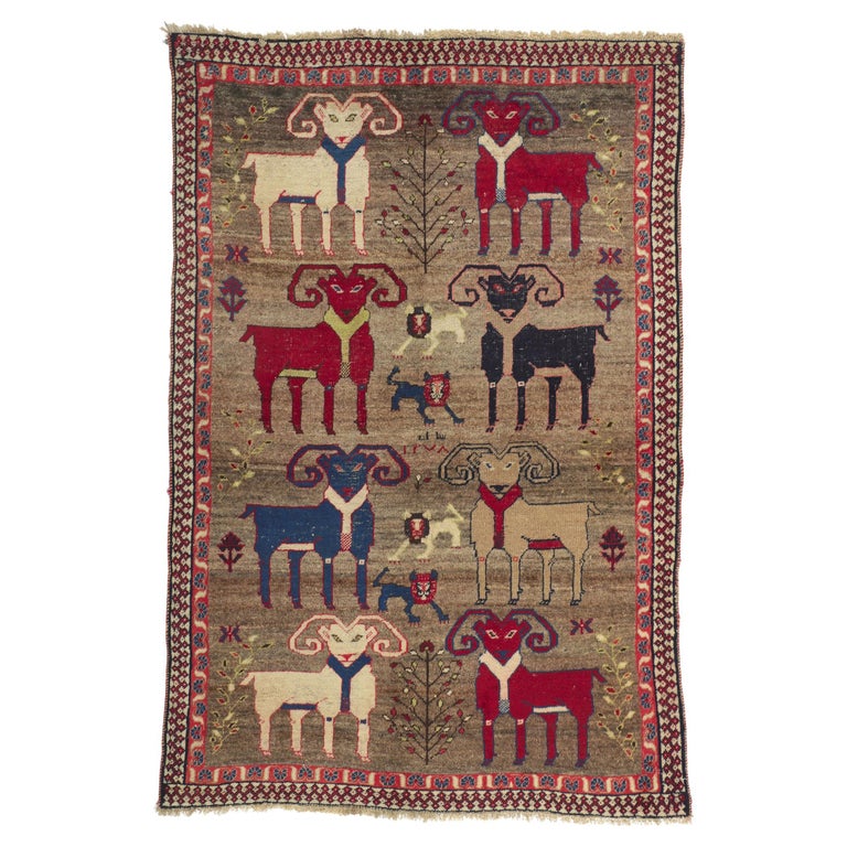Vintage Persian Gabbeh Animal Pictorial Rug with Rams and Lions For ...