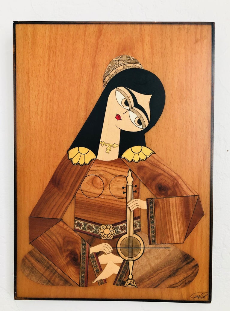 Vintage Persian Girl with Instrument Wood Art Painting at 1stDibs