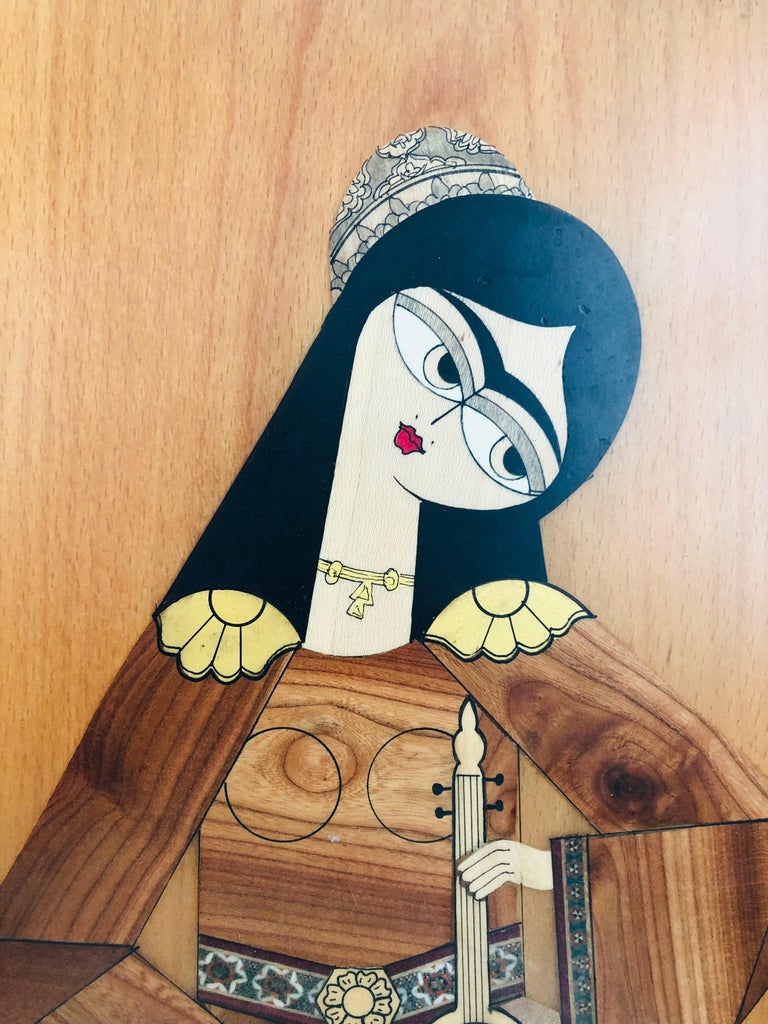 Vintage Persian Girl with Instrument Wood Art Painting at 1stDibs