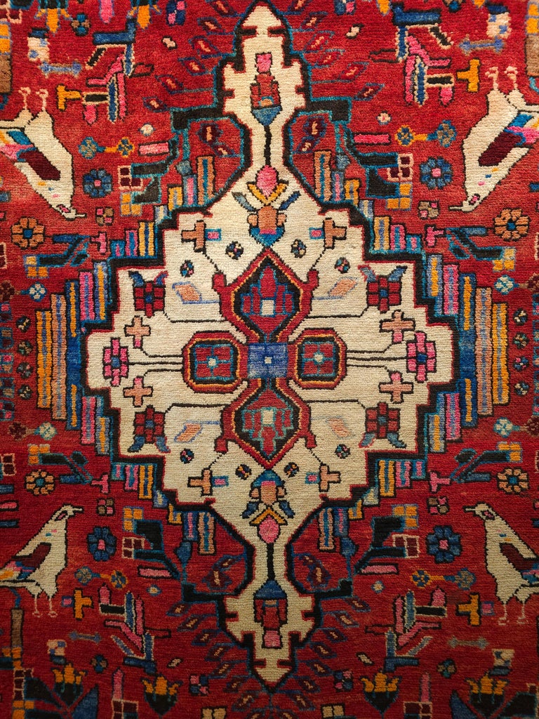 Vintage Persian Hamadan Gallery Rug with Animal Designs in Bright Red ...
