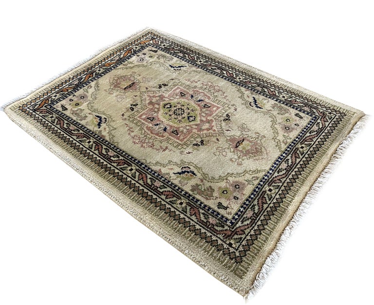 Vintage Persian Hand Knotted Cream Tabatabai Rug, circa 1970s at 1stDibs