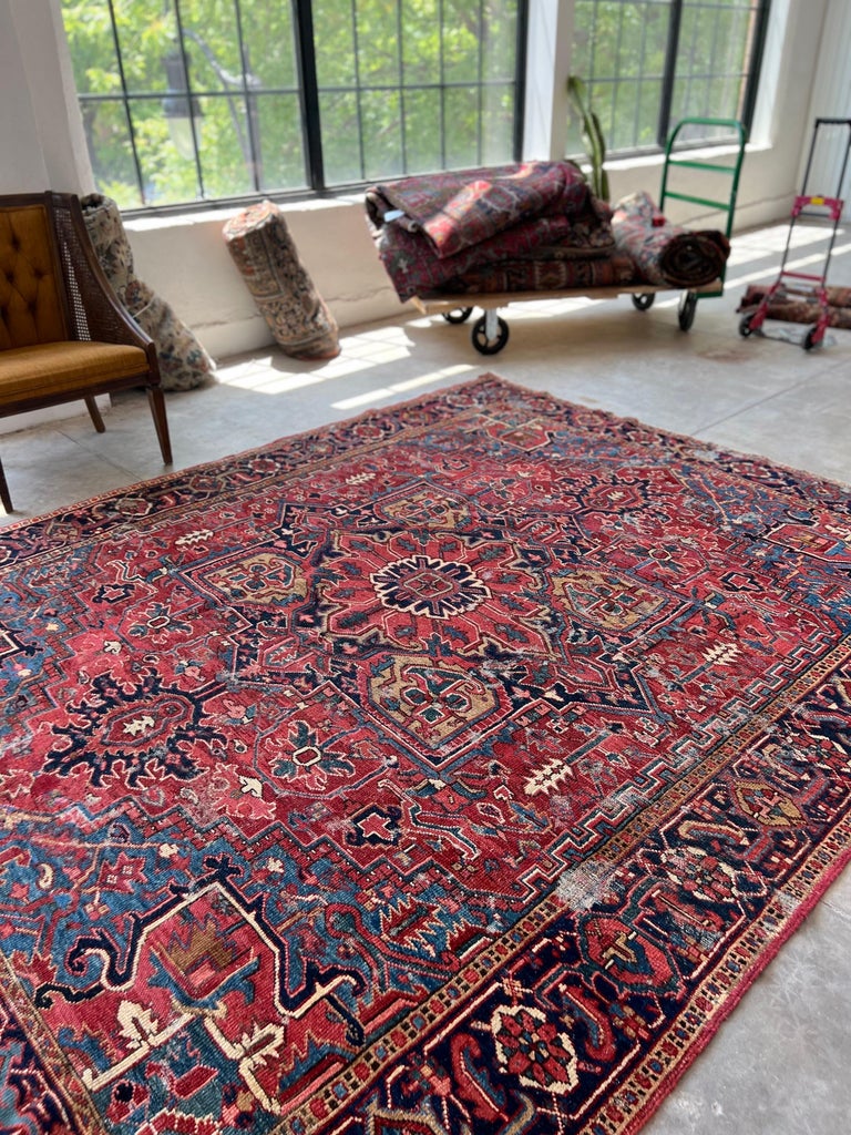 Vintage Persian Heriz Rug, Center Medallion, Distress, Pink and Blue ...