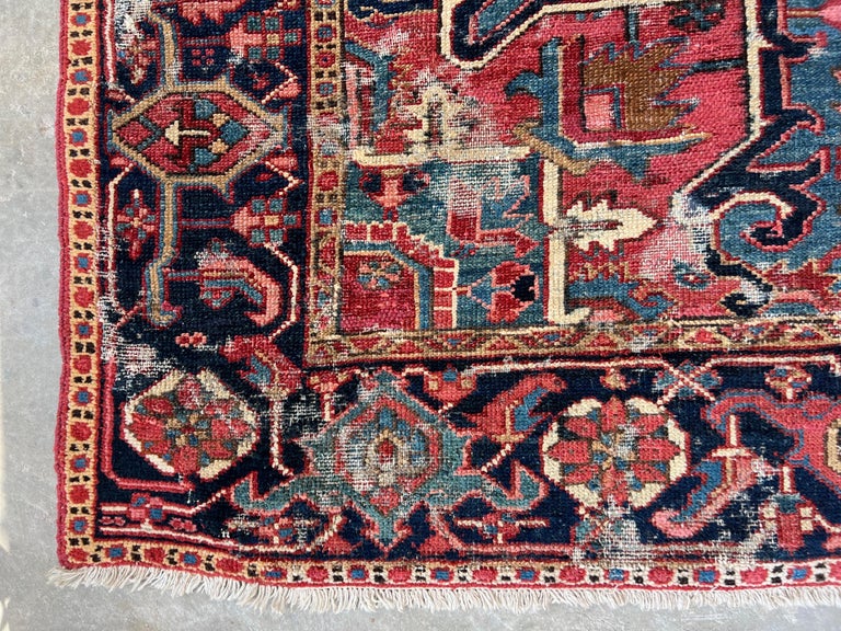 Vintage Persian Heriz Rug, Center Medallion, Distress, Pink and Blue ...
