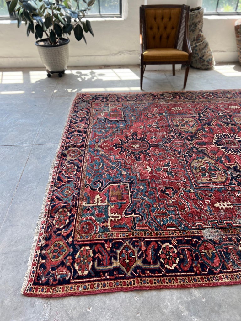Vintage Persian Heriz Rug, Center Medallion, Distress, Pink and Blue ...