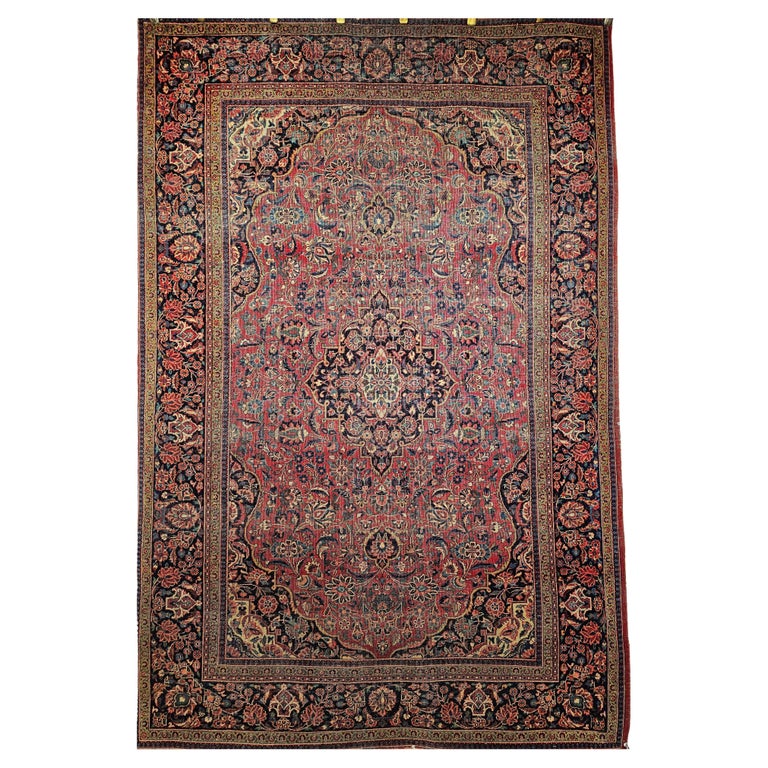 Vintage Persian Kashan Area Rug with Floral Design in Burgundy and Navy ...