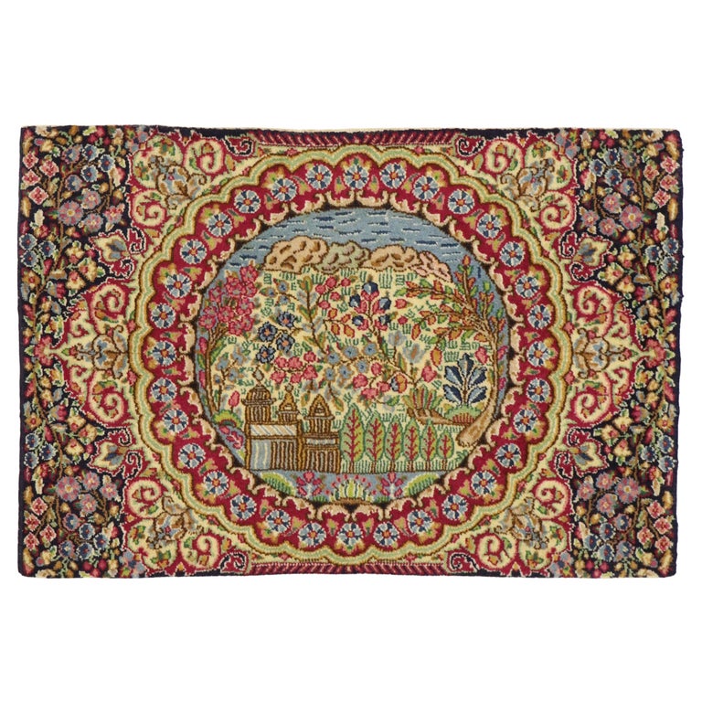 Vintage Persian Kerman Rug Pictorial For Sale at 1stDibs