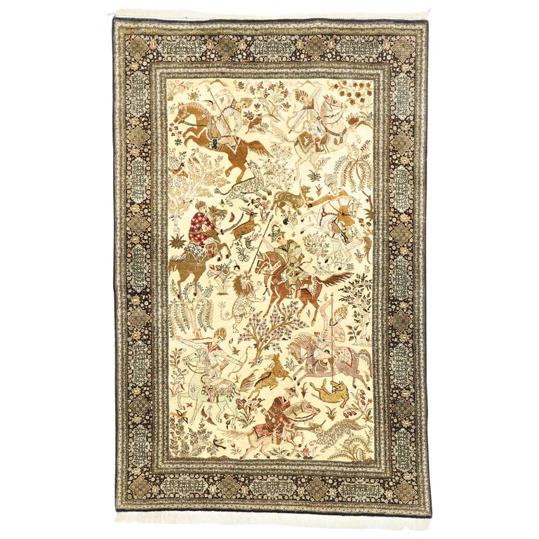 Vintage Persian Qum Rug with Hunting Scene For Sale at 1stDibs