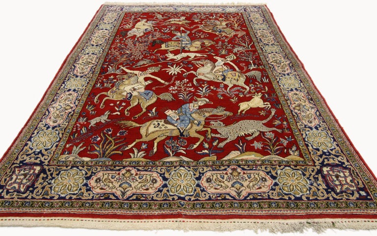 Vintage Persian Qum Pictorial Rug, Medieval Style Tapestry, Hunting ...