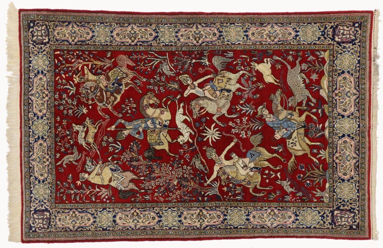 Vintage Persian Qum Pictorial Rug, Medieval Style Tapestry, Hunting ...