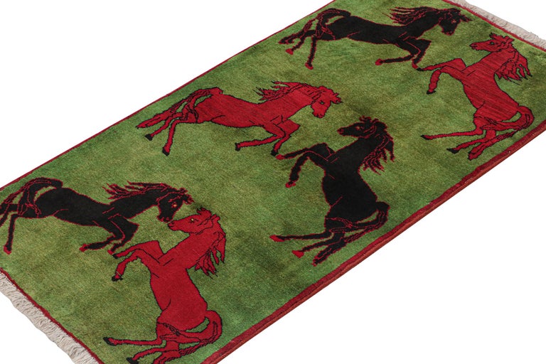 Vintage Persian Rug in Green with Black and Red Horse Pictorials by Rug ...