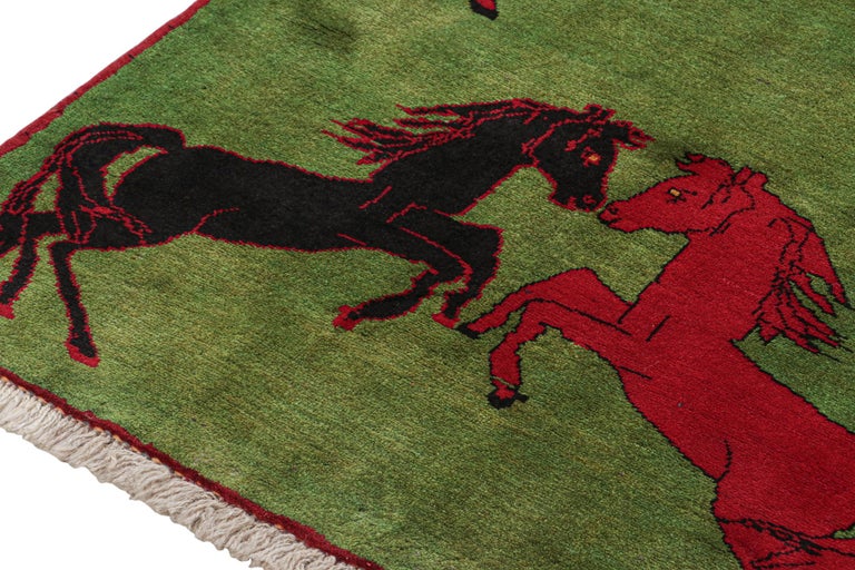 Vintage Persian Rug in Green with Black and Red Horse Pictorials by Rug ...