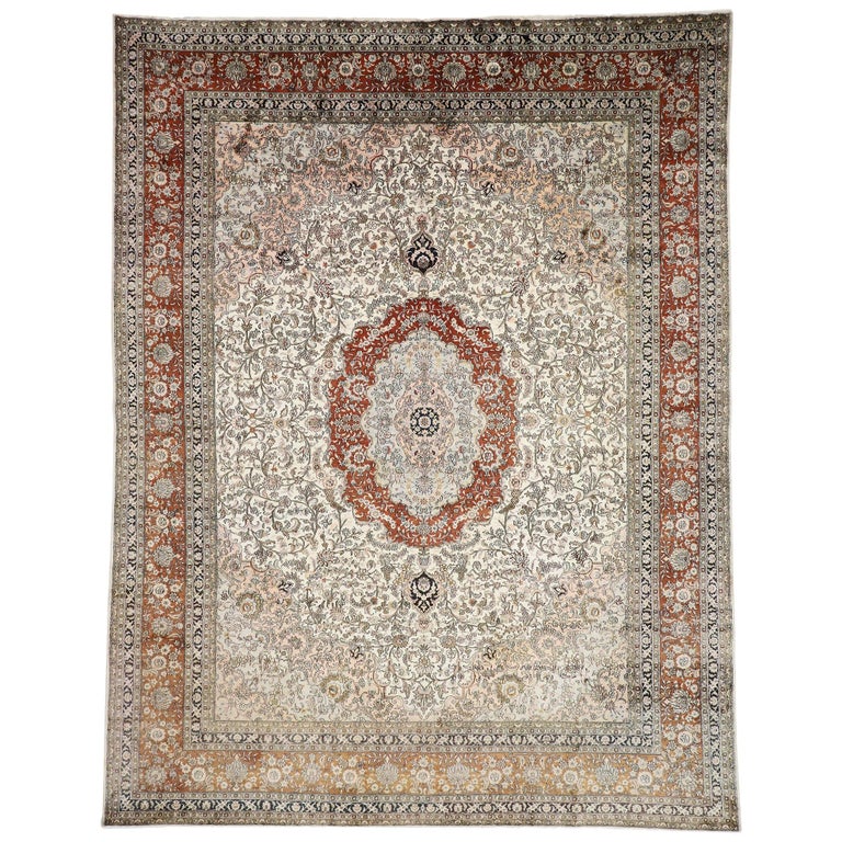 Vintage Persian Tabriz Chinese Silk Rug with Art Nouveau Rococo Style ...