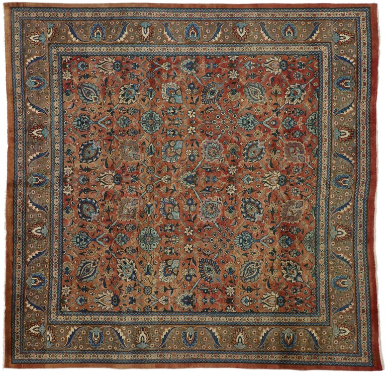 Vintage Persian Tabriz Rug with Traditional Style, Square Tabriz Rug at ...