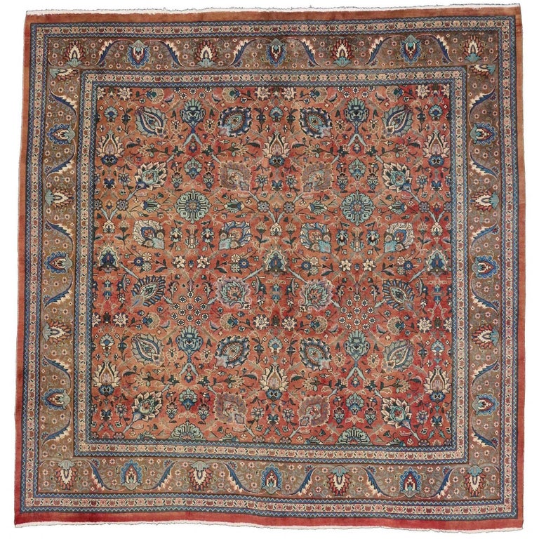 Vintage Persian Tabriz Rug with Traditional Style, Square Tabriz Rug at ...