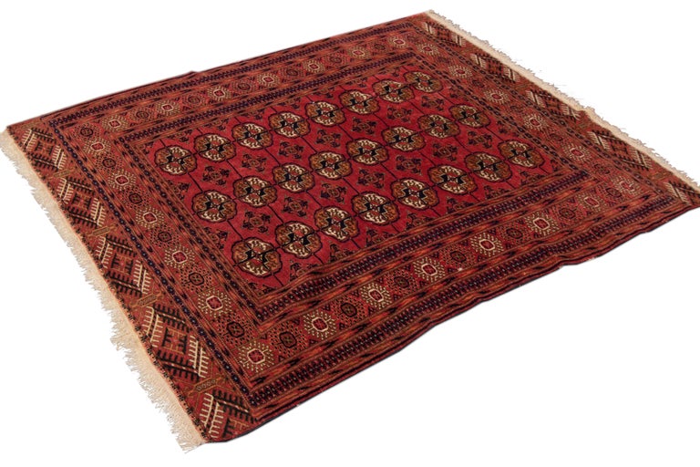 Vintage Persian Turkmen Handmade Geometric Pattern Red Wool Rug For ...