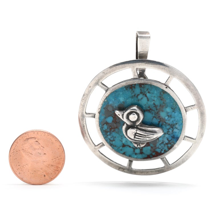 Vintage Peru Laffi Turquoise Bird Pendant, Sterling Silver For Sale at 1stDibs