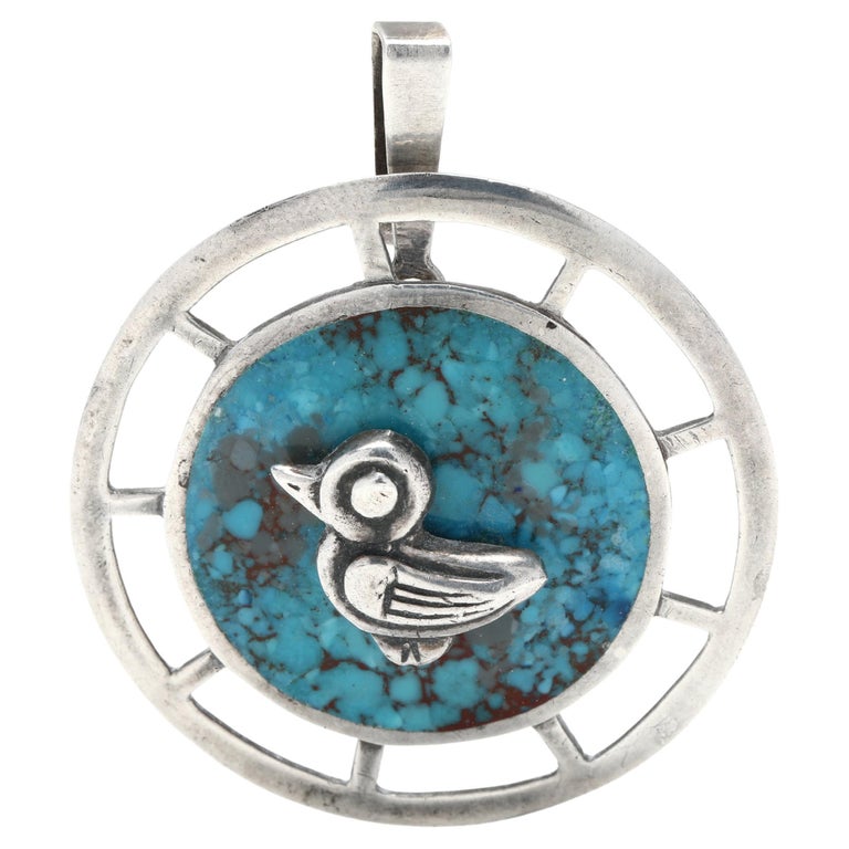 Vintage Peru Laffi Turquoise Bird Pendant, Sterling Silver For Sale at ...