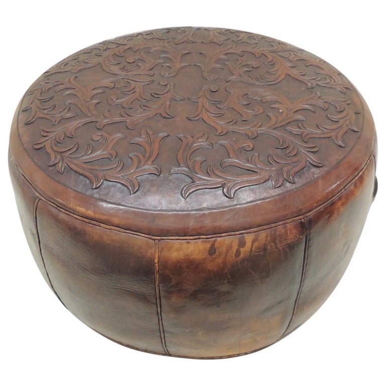 Vintage Peruvian Leather Ottoman with Handles at 1stDibs